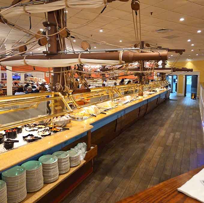 The buffet line stretches into the distance like a delicious yellow brick road to seafood heaven.