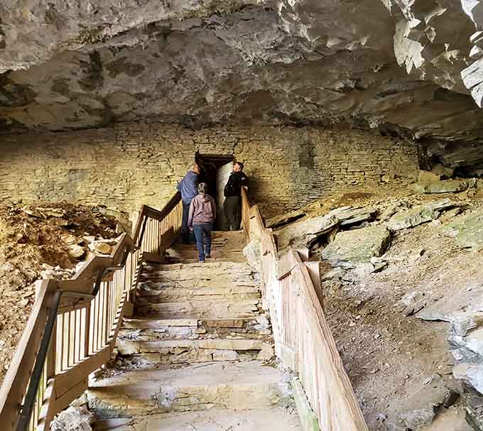 These wooden stairs leading into the cave mouth look like the entrance to a real-life adventure novel.