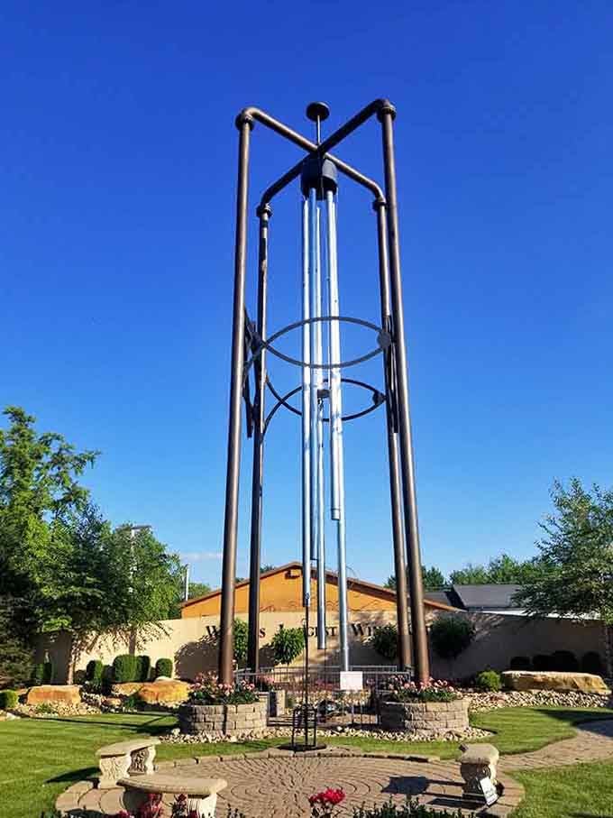 These towering wind chimes create deep, resonant music when the breeze blows, like nature's own giant orchestra.