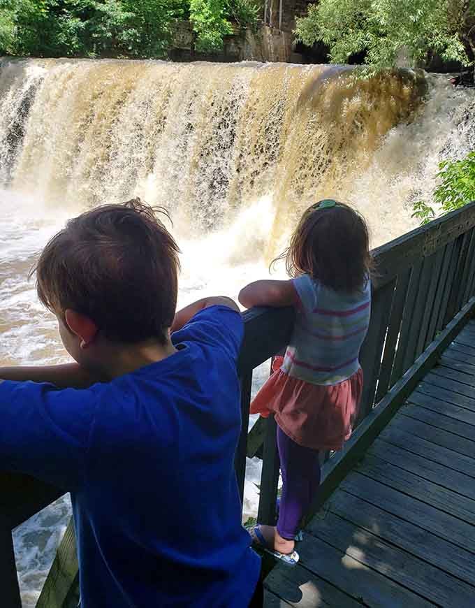 Young waterfall enthusiasts discovering that the best entertainment doesn't require batteries or a screen to enjoy.