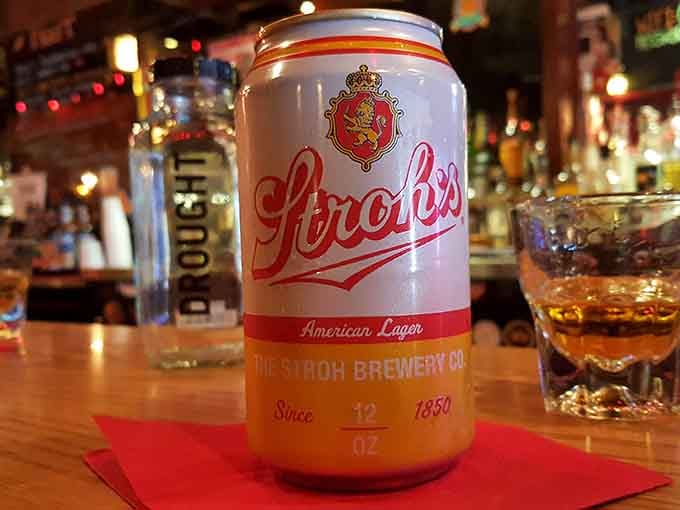 Stroh's American Lager sitting pretty at the bar, a Detroit classic that tastes like local pride in a can.
