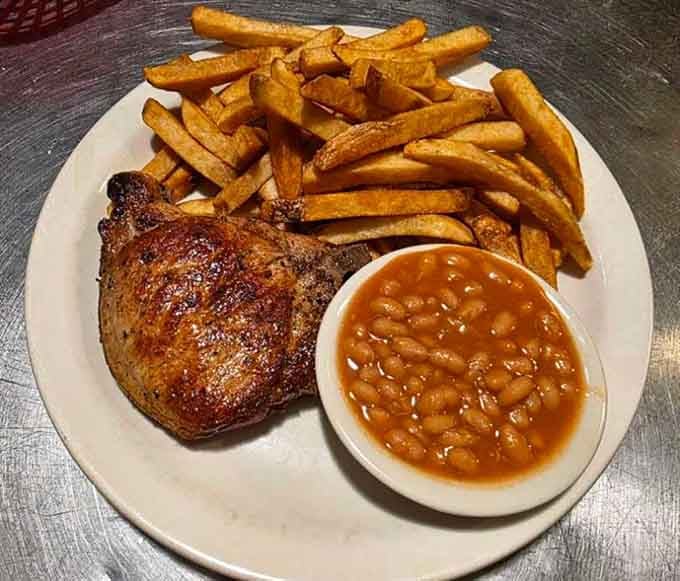That caramelized pork chop with hand-cut fries and baked beans could convert any vegetarian back to their carnivorous roots.