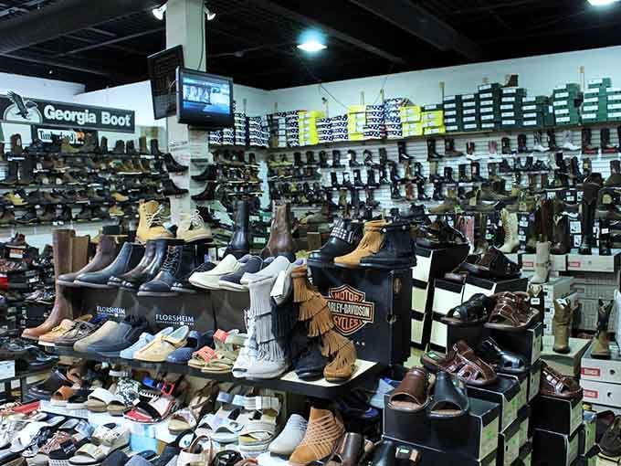 Boot heaven exists in this indoor vendor space where Georgia Boots and Harley-Davidson styles stand shoulder to shoulder.