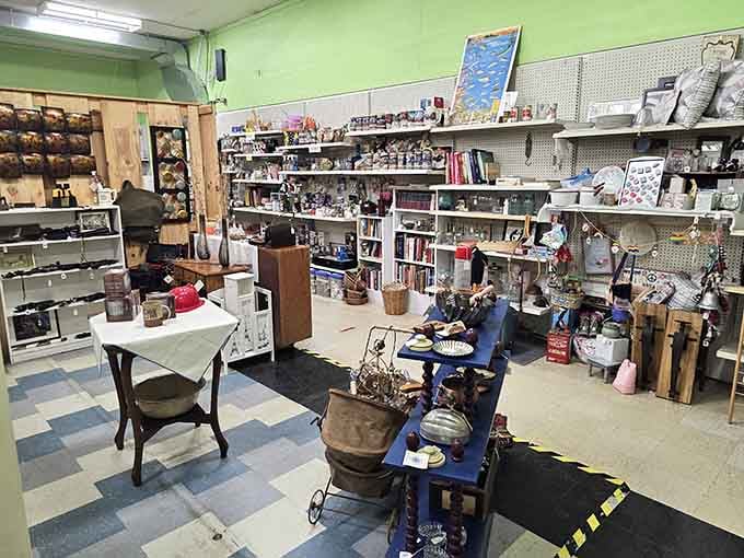 Antique items lean casually against stacked shelves, waiting for someone to take them home.