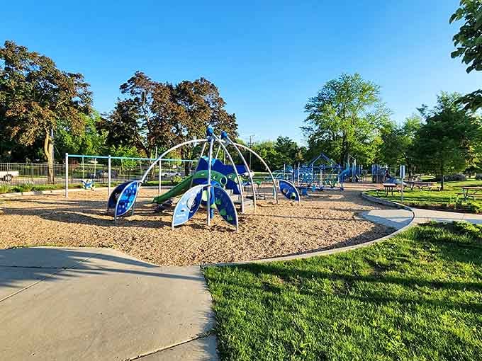 Modern playground equipment offers kids endless entertainment options when they've temporarily exhausted their enthusiasm for swimming and splashing.