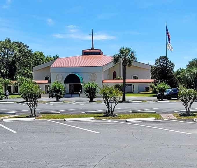 St. Benedict Catholic Church offers spiritual solace in a building that looks like Florida sunshine became architecture somehow.