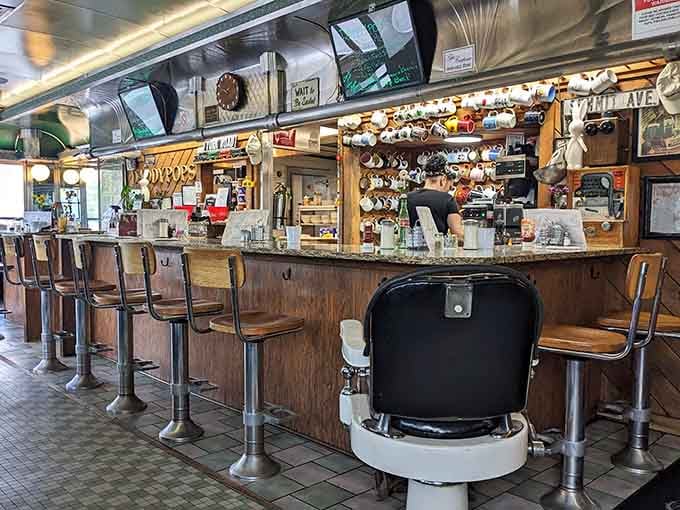 Classic counter stools and gleaming chrome invite you to sit, stay, and probably order another cup of coffee.