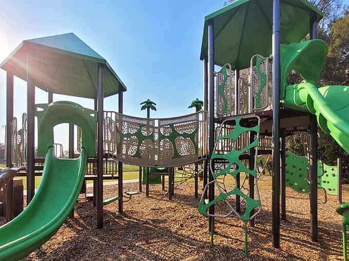 Green playground equipment nestled among mature oaks creates the perfect recipe for grandkid exhaustion and parental relief.