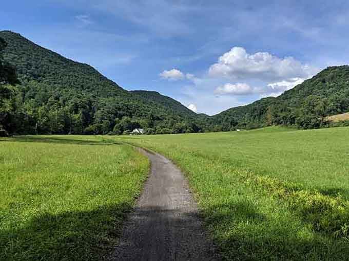 That winding trail through emerald fields leads straight into mountain country, beckoning like an old friend's invitation.