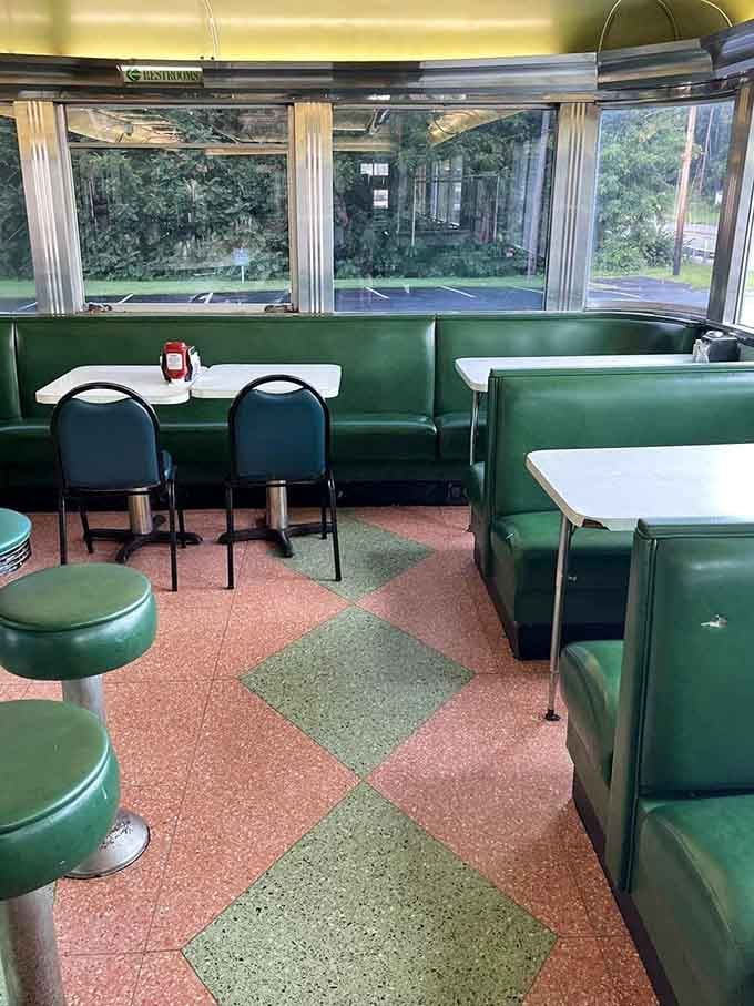 Big windows, green booths, and that unmistakable diner atmosphere that never goes out of style anywhere.