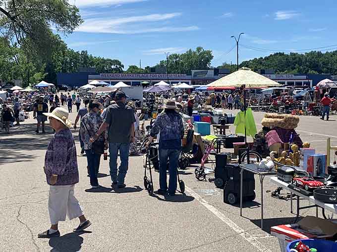 Weekend crowds transform the outdoor market into a bustling bazaar where early birds definitely catch the vintage worms.