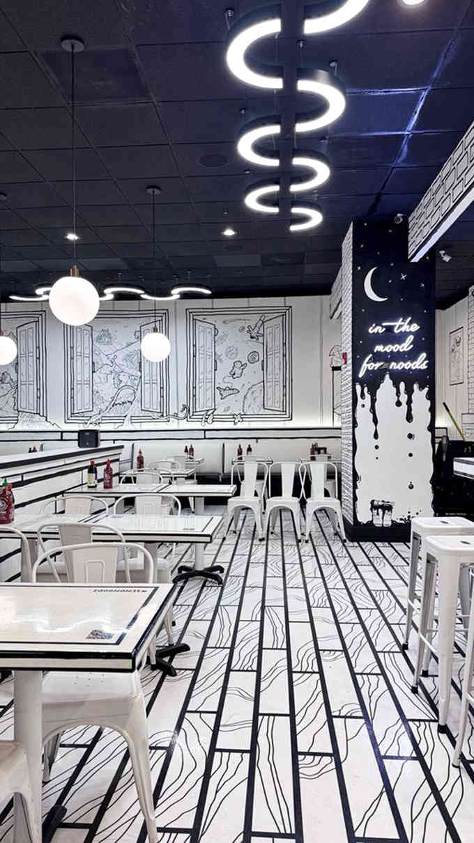 Another angle of the illustrated wonderland where your depth perception goes on permanent vacation while dining.