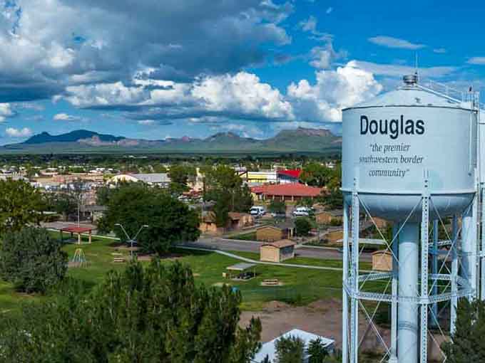 The water tower proudly declares Douglas "the premier southeastern border community," which beats calling yourself "quirky" any day.