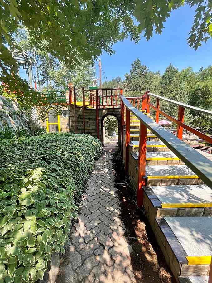 Colorful footbridges wind through the property, adding whimsy to all that serious medieval stonework and proving castles can be fun.