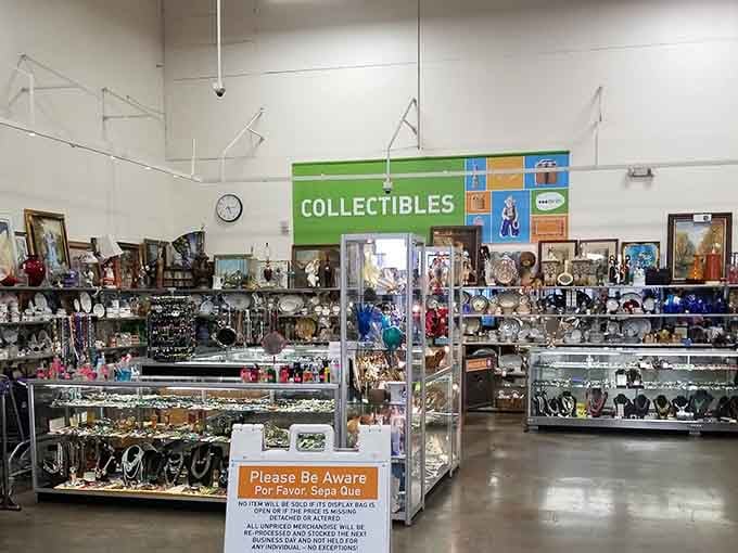 Glass cases full of knickknacks and curiosities, like your grandmother's attic but better organized and actually for sale.