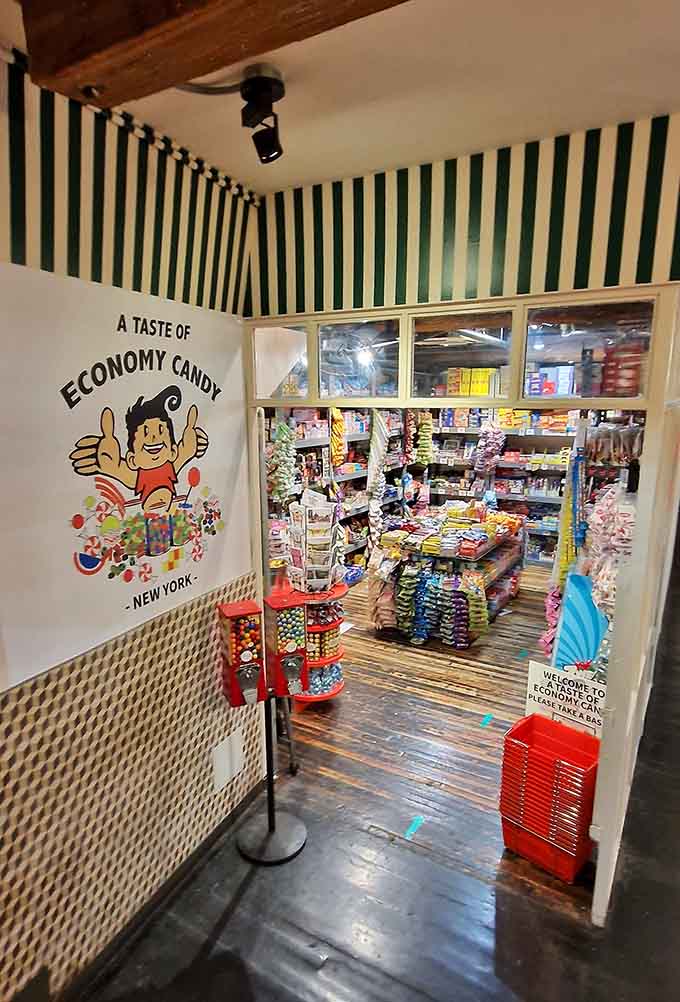 The green-striped entrance beckons like a portal to simpler times when candy solved most problems.