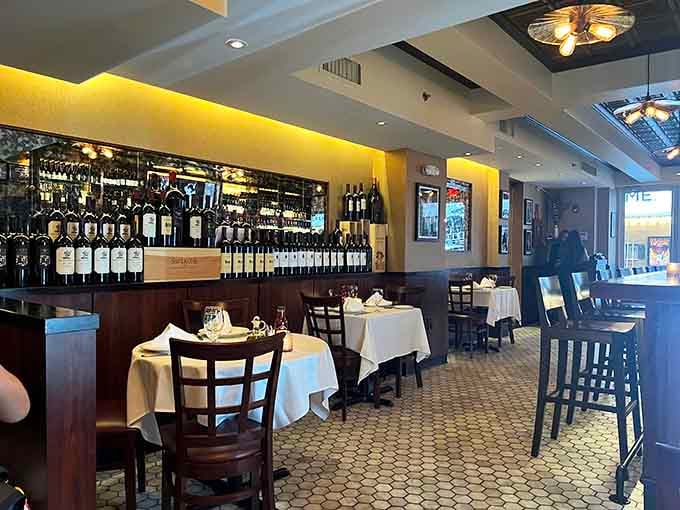 The bar area gleams with promise and possibility, inviting you to start your evening the right way.