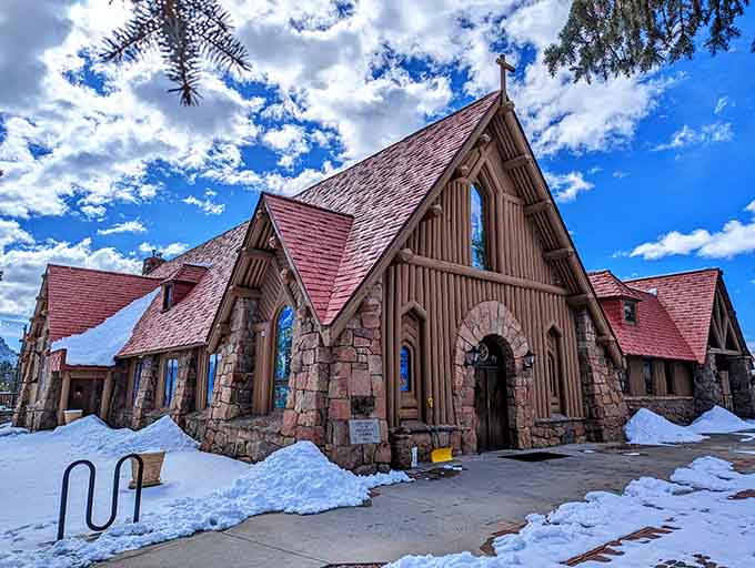 Our Lady of the Mountains Catholic Church stands beautiful in winter, proving faith looks good in any season.