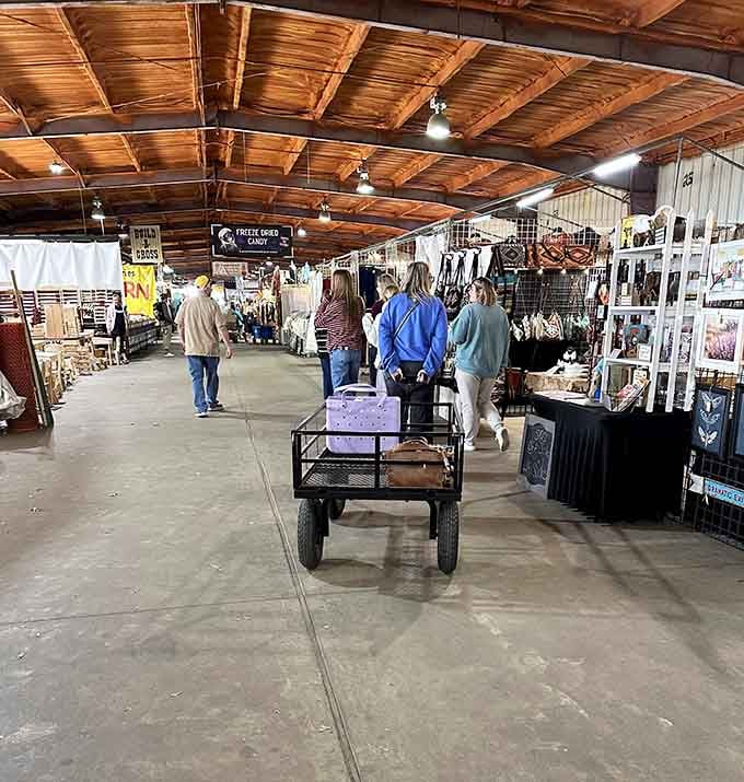 Shoppers navigating the aisles with wagons and determination, hunting treasures like it's an Olympic sport with prizes.