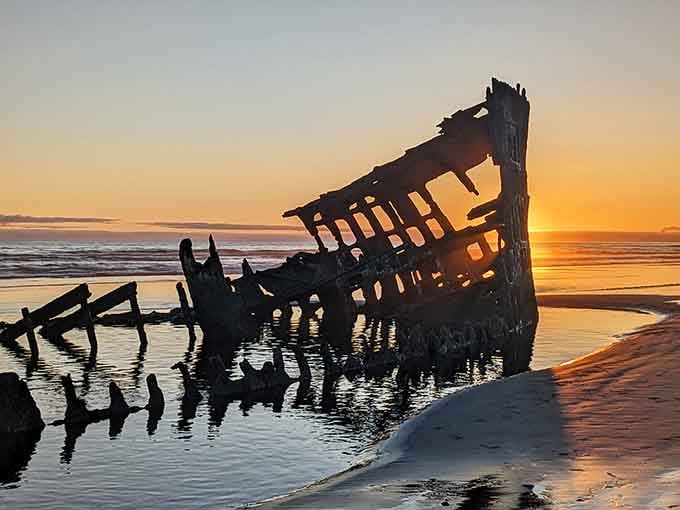 Sunset transforms the Peter Iredale into pure gold, because even shipwrecks deserve their moment of absolute coastal glory.