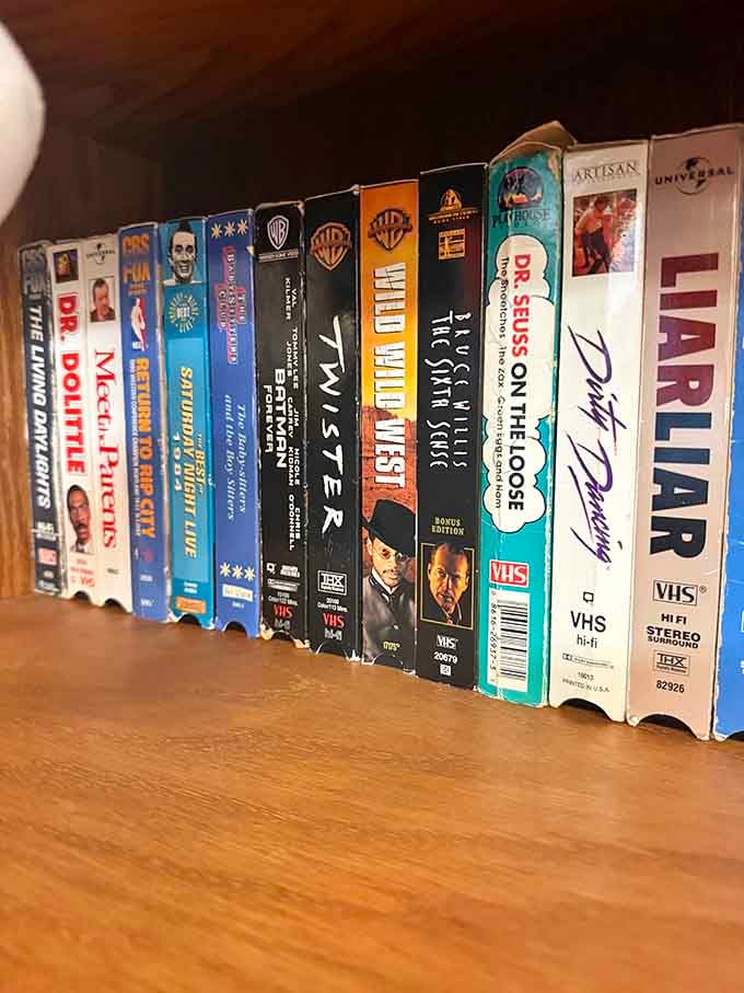 VHS tapes stand at attention, reminding us when movie night required actual effort and rewinding.