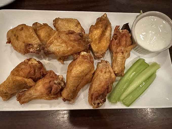 Old Bay wings with celery and blue cheese, because Maryland puts Old Bay on everything, bless them.