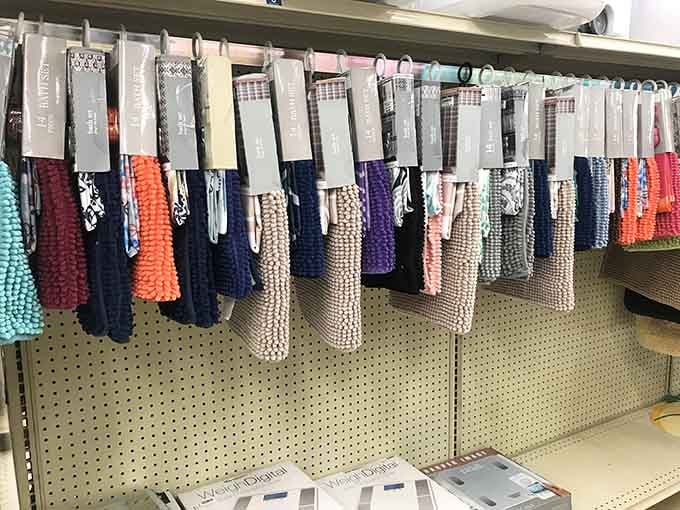 Bath accessories in every color imaginable, proving that shower curtains don't need to cost more than the actual shower.