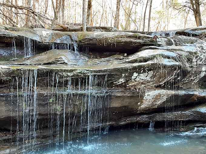 Winter transforms the rocks into a frozen waterfall wonderland, with icicles dripping like nature's own chandelier display.
