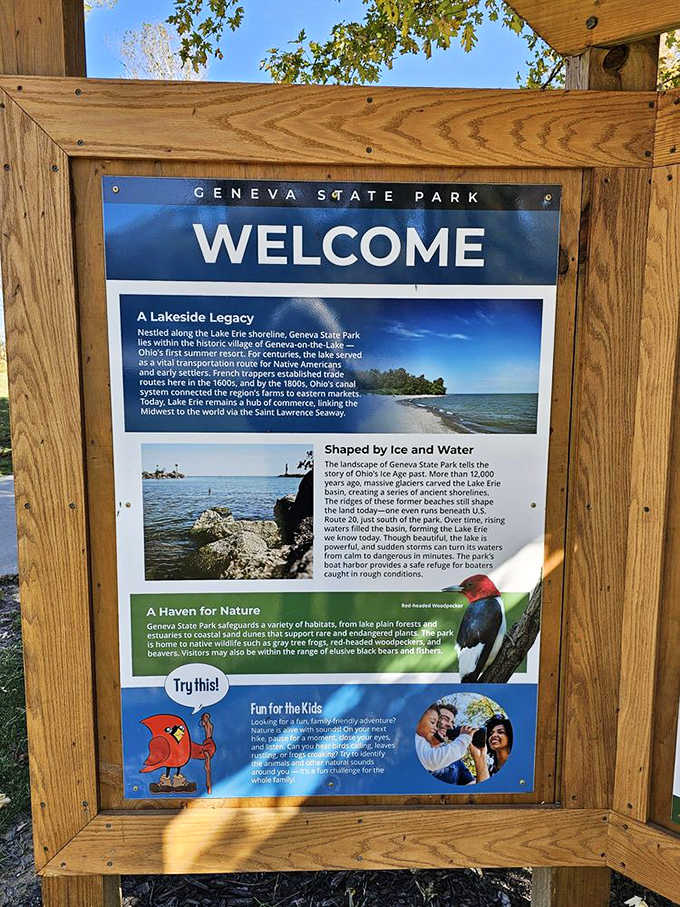 Educational signage revealing the park's lakeside legacy, where glaciers and French trappers shaped this stunning landscape.