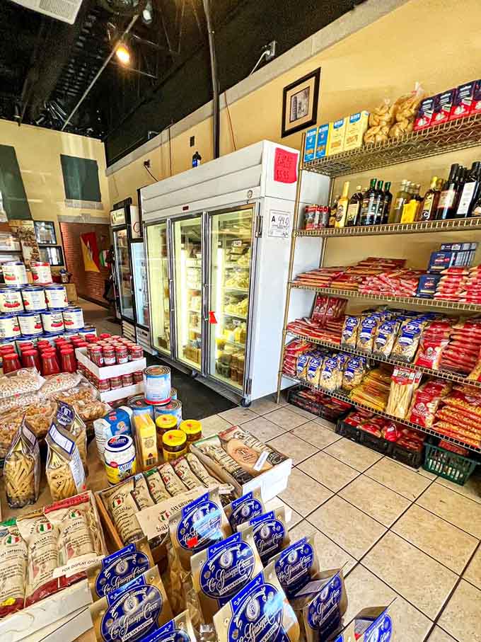 Shelves stocked with imported Italian goods that make you feel fancy just looking at them, even in your sweatpants.
