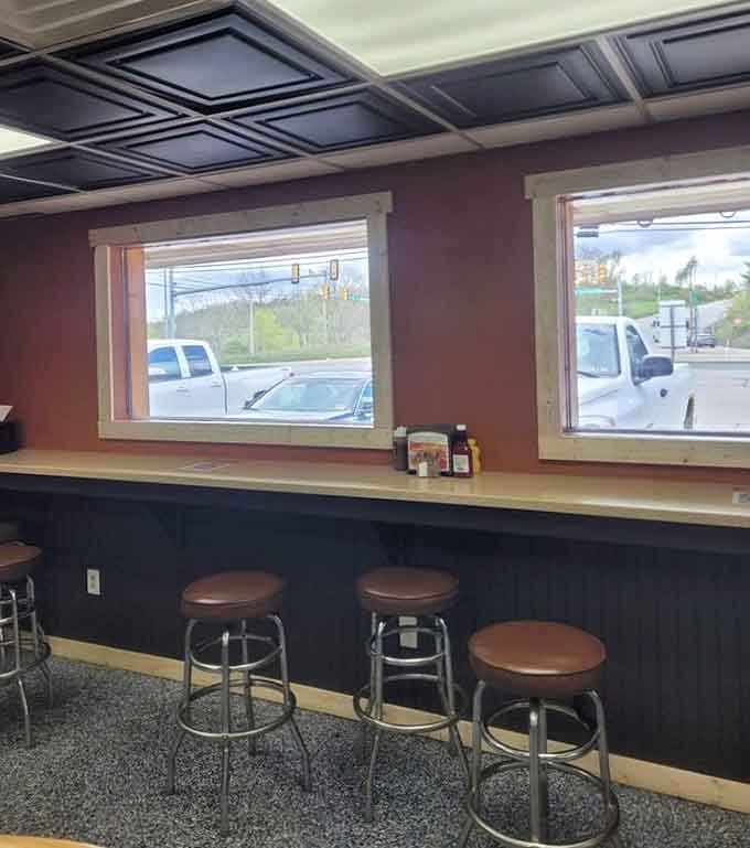 Counter seating with a view offers front-row access to watching Route 322 roll by between delicious bites.