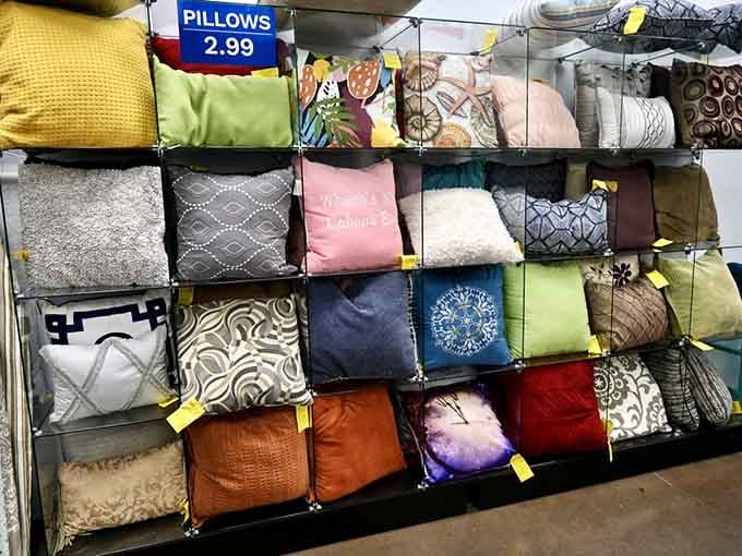 Pillows in every color imaginable, ready to make your couch look like a magazine spread.