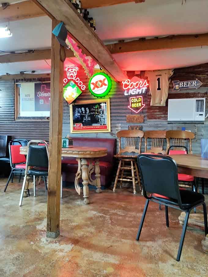 Vintage neon signs and exposed beams create a nostalgic vibe that feels genuine, not manufactured for Instagram.