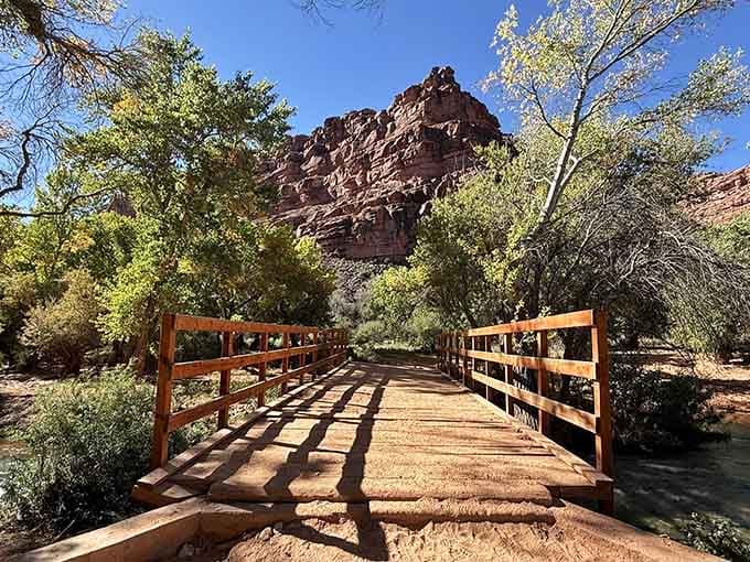This wooden footbridge crossing Havasu Creek is your portal between the village and waterfall paradise waiting downstream.