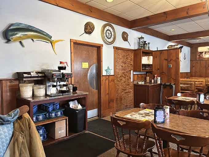 Nautical decor and model ships remind you that Connecticut has seafaring roots, even this far from the coast.
