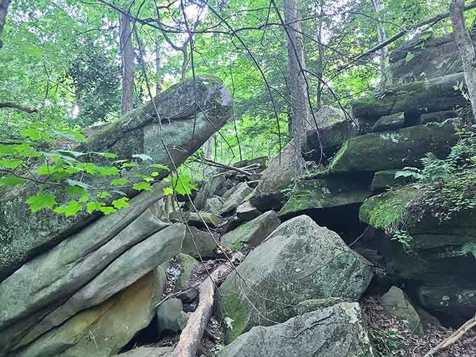 Massive stone slabs stacked like nature's own Jenga game, millions of years in the making, still standing strong.