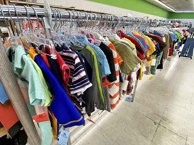 Colorful kids' clothing organized by size, making it easy to keep growing children dressed without the guilt.