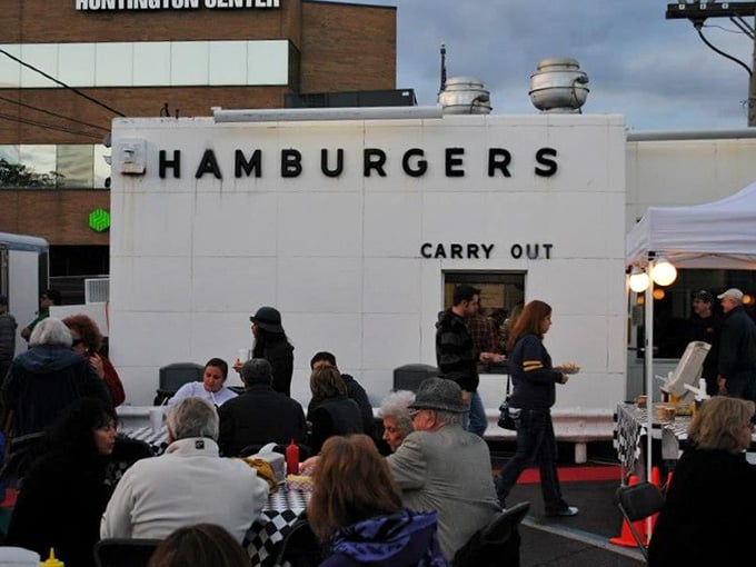 Outdoor seating where you can enjoy your burgers while watching Birmingham stroll by peacefully.