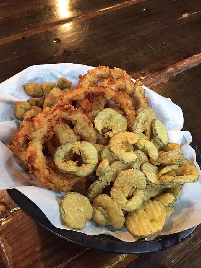 Onion rings and fried pickles together create the kind of friendship we should all aspire to have.