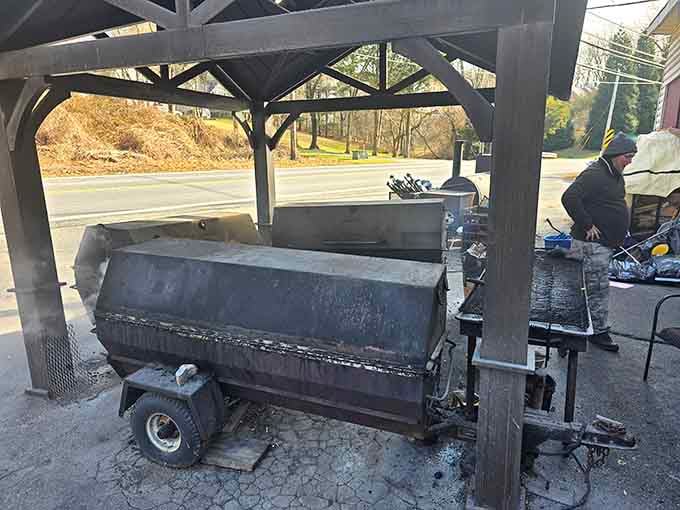 The magic happens here: a serious smoker doing serious work, turning good meat into something absolutely transcendent.