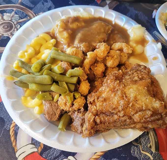 Fried chicken so perfectly golden it makes you wonder why anyone bothers ordering fish at a seafood restaurant.
