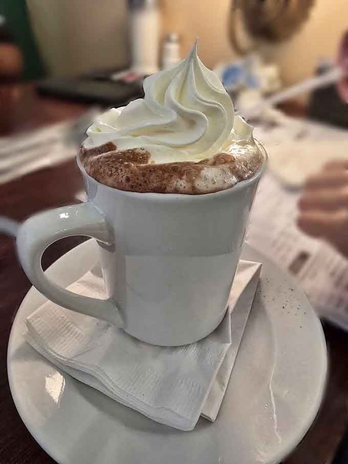 Hot chocolate topped with whipped cream this tall requires both hands and possibly a structural engineer's approval.