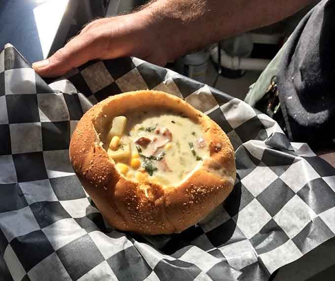 Yes, that's pork roll chowder in a bread bowl, proving innovation knows no bounds at Johnny's.