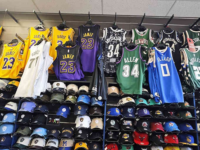 NBA jerseys hanging like a basketball hall of fame, letting you rep your favorite team without paying full-court prices.