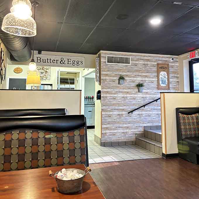 Rustic wood accents and a "Butter & Eggs" sign remind you that simple ingredients make extraordinary breakfasts happen.