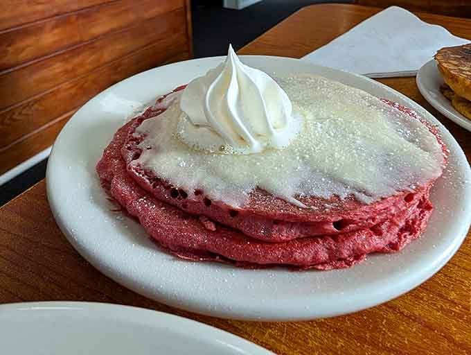 Red velvet pancakes with cream cheese icing: because sometimes breakfast should taste like your favorite cake.