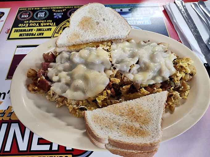 Sausage gravy cascading over hash and eggs is what diner dreams are made of, plain and simple.