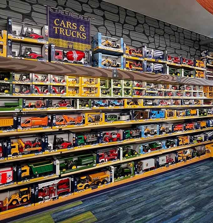 Every toy truck and car imaginable lines these shelves like a miniature motor show for the preschool set.