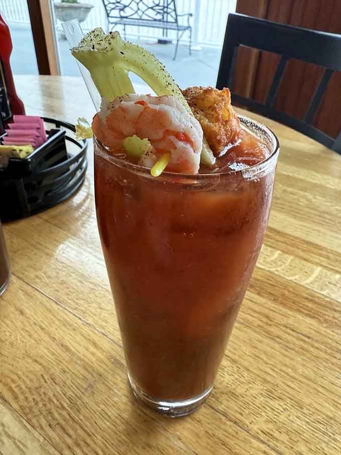 A Bloody Mary garnished with shrimp and pickled veggies is basically brunch and lunch in one glass.