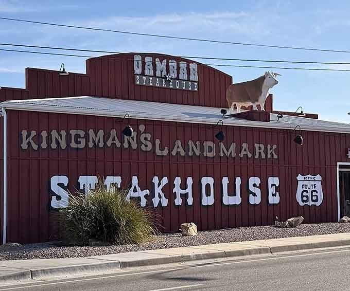 That longhorn on the roof has been watching over hungry travelers longer than most GPS systems have existed on earth.